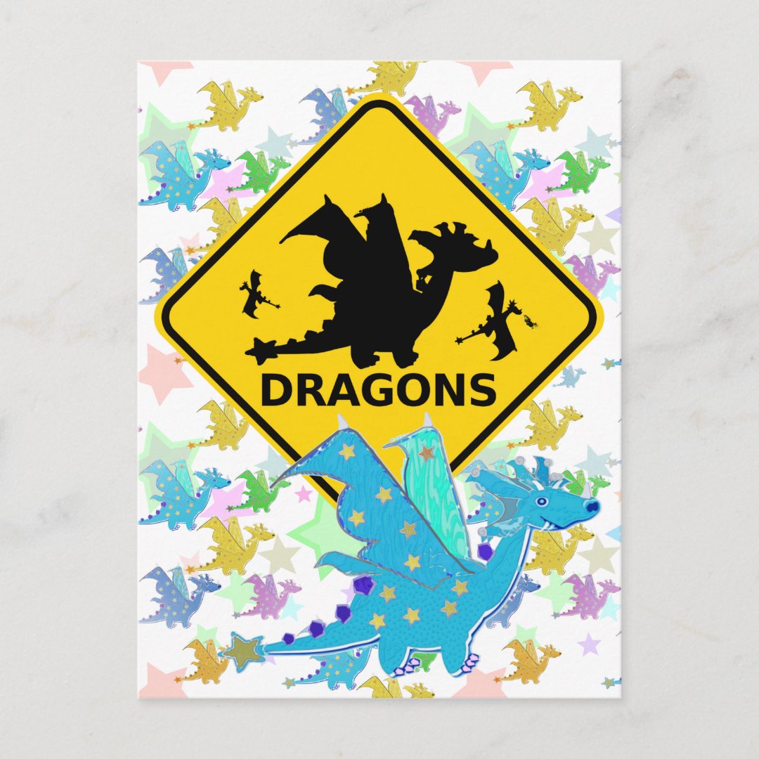 Beware of Dragons Blue Cartoon Dragon Postcard | Zazzle