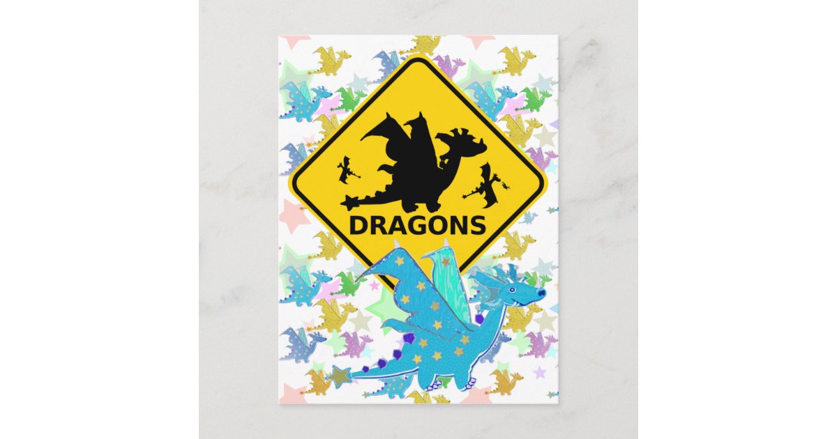 Beware of Dragons Blue Cartoon Dragon Postcard | Zazzle