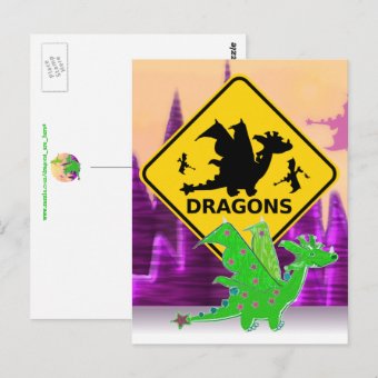 Beware of Dragons Sign Cute Cartoon Dragon Postcard | Zazzle