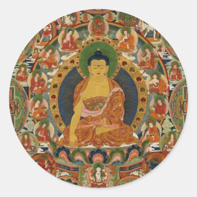 Bhutanese painted complete mandala classic round sticker | Zazzle