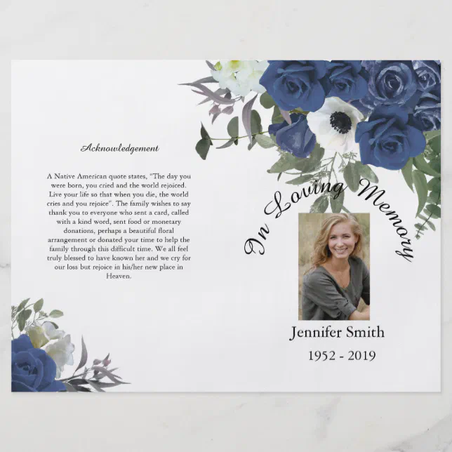 Bi-Fold Blue Roses Funeral Program Flyer | Zazzle