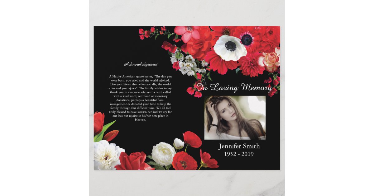 Bi-Fold Red Flowers Black Funeral Program Flyer | Zazzle