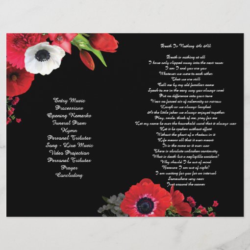 Bi-Fold Red Flowers Black Funeral Program Flyer | Zazzle