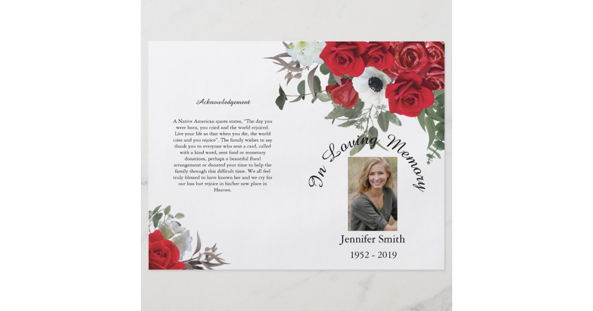 Bi-Fold Red Roses Funeral Program Flyer | Zazzle