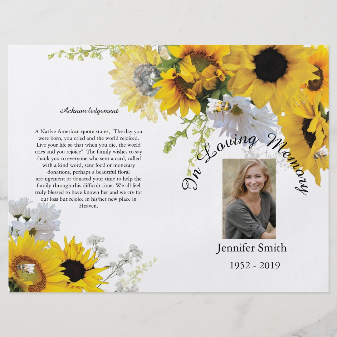 Bi-Fold Sunflowers Bees Funeral Program Flyer | Zazzle