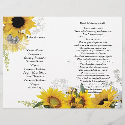 Bi-Fold Sunflowers Bees Funeral Program Flyer | Zazzle