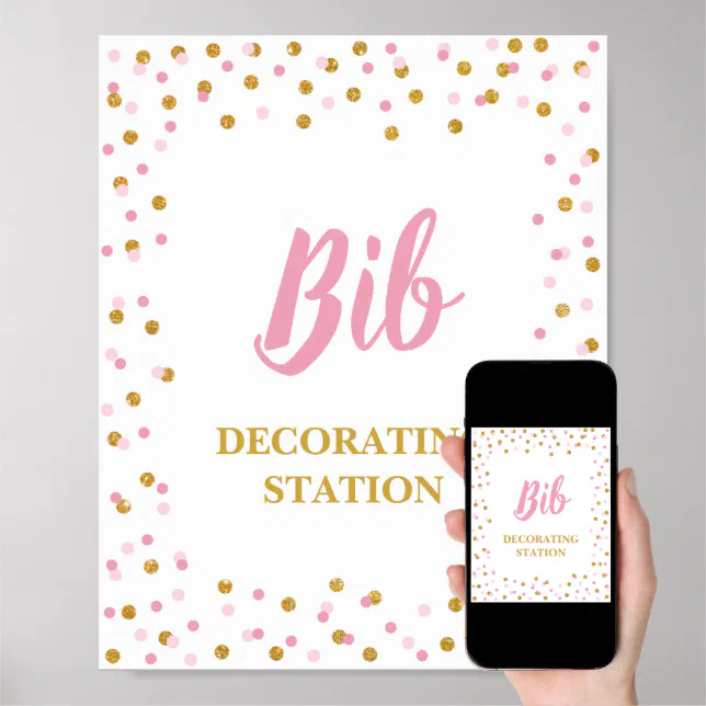 Bib Decorating Station Baby Shower Sign Pink Gold | Zazzle