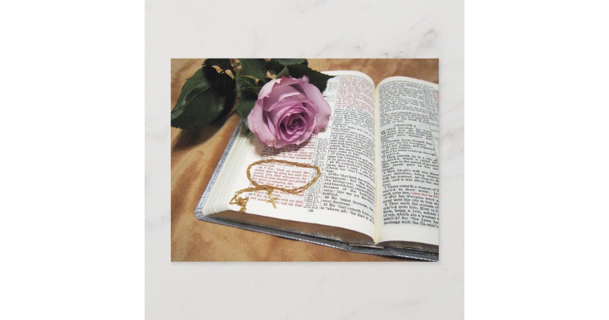Bible & Purple Rose with Cross Chain Postcard | Zazzle