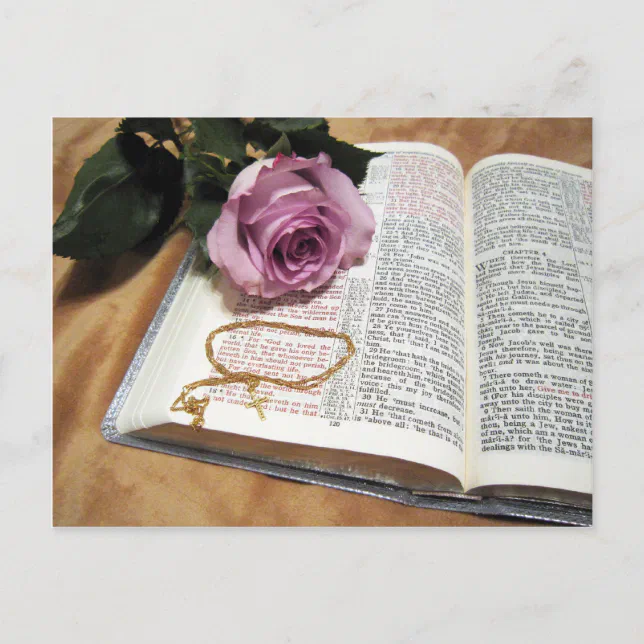 Bible & Purple Rose with Cross Chain Postcard | Zazzle