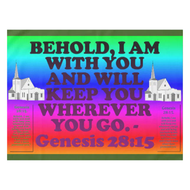 Bible verse from Genesis 28:15. Tablecloth | Zazzle