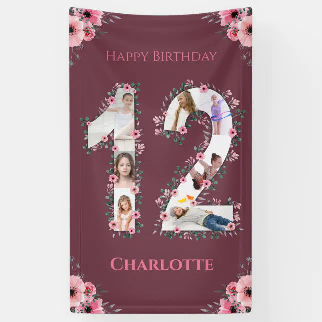 Big 12th Birthday Photo Collage Pink Flower Girl Banner | Zazzle