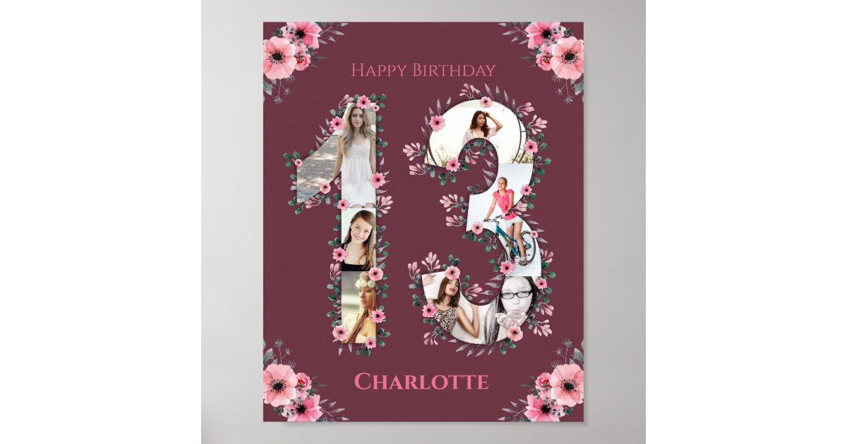 Big 13th Birthday Pink Flower Girl Photo Collage Poster | Zazzle