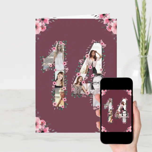 Big 14th Birthday Photo Collage Girl Pink Flower Card | Zazzle