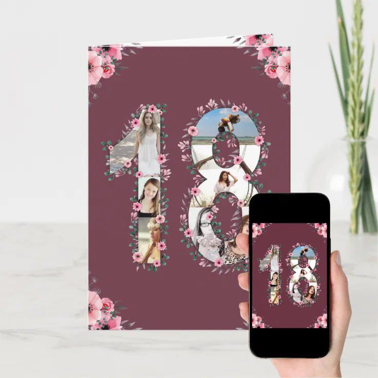 Big 18th Birthday Photo Collage Girl Pink Flower Card | Zazzle