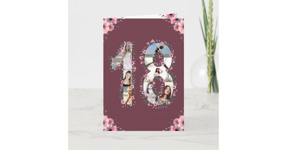 Big 18th Birthday Photo Collage Girl Pink Flower Card | Zazzle