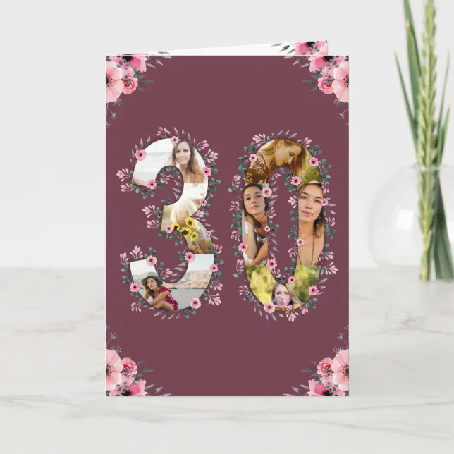 Big 30th Birthday Photo Collage Pink Flower Woman Card | Zazzle