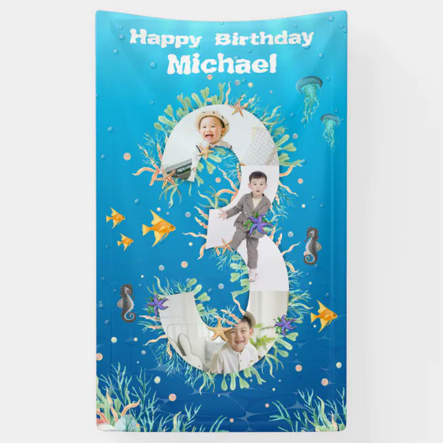Big 3rd Birthday Under The Sea Photo Collage Banner | Zazzle