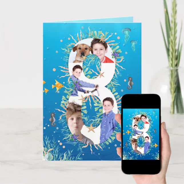 Big 8th Birthday Under The Sea Photo Collage Card | Zazzle