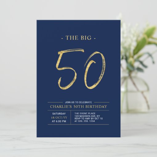 Big Fifty | Gold & Navy Blue 50th Birthday Party Invitation | Zazzle