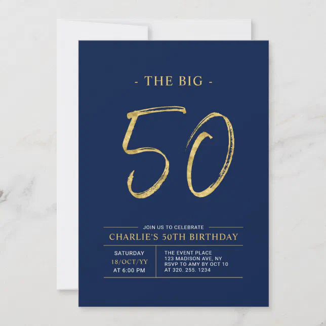 Big Fifty | Gold & Navy Blue 50th Birthday Party Invitation | Zazzle