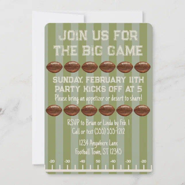 Big Game Bowl Game Green Football Field Party Invitation | Zazzle