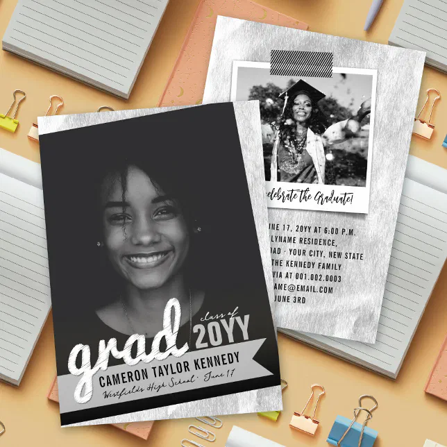 Big Grad Scribbles Silver Foil Graduation Party Invitation | Zazzle