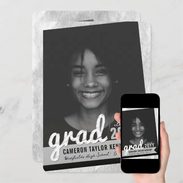 Big Grad Scribbles Silver Foil Graduation Party Invitation | Zazzle