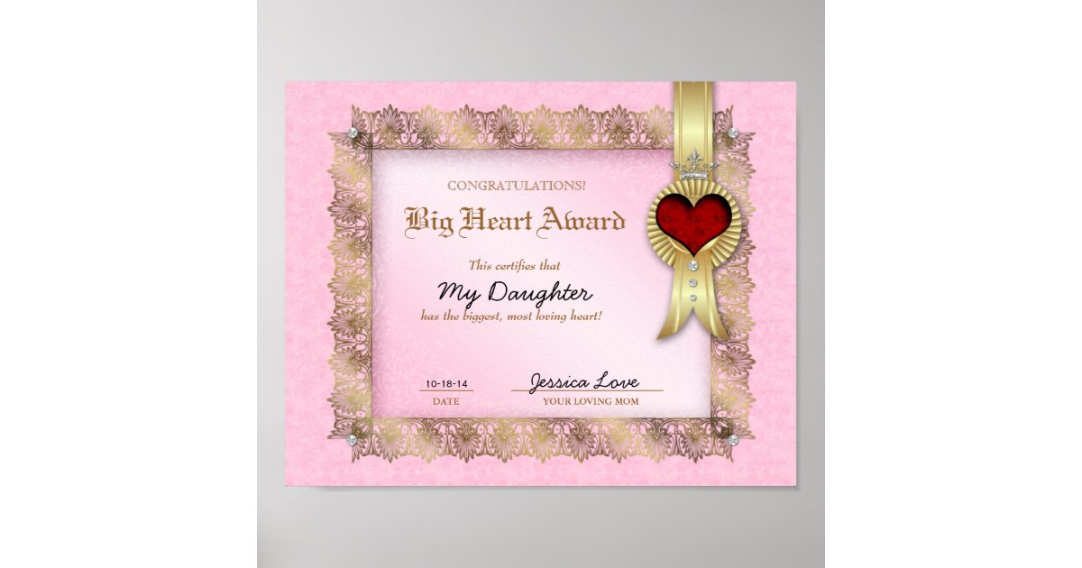 Big Heart Award Love Certificate Diploma Hero Poster | Zazzle