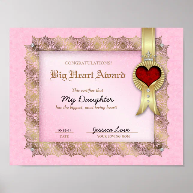 Big Heart Award Love Certificate Diploma Hero Poster | Zazzle