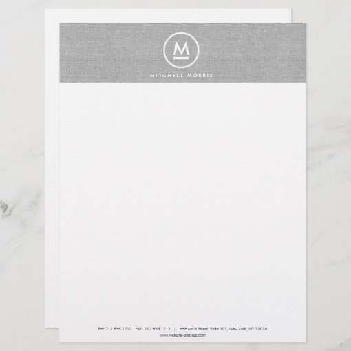 Big Initial Monogram on Gray Linen Letterhead | Zazzle