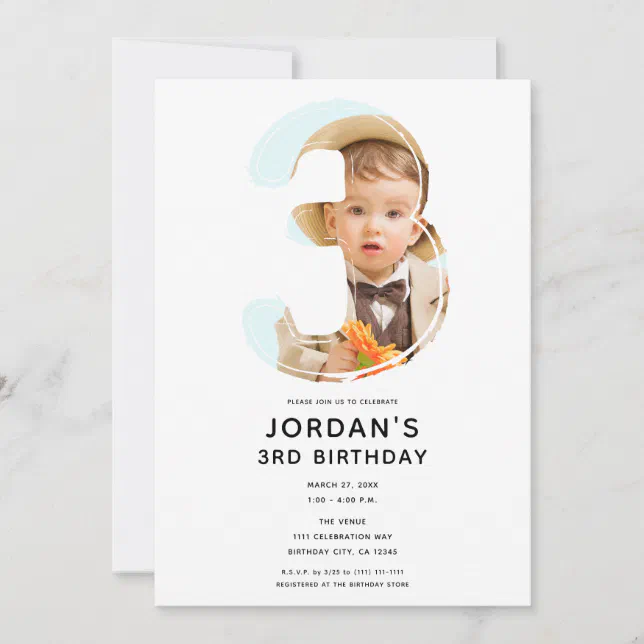 Big Number 3 THREE Photo Third 3rd Birthday Party Invitation | Zazzle