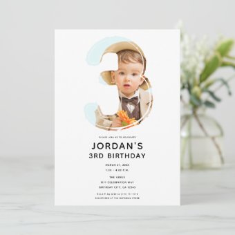 Big Number 3 THREE Photo Third 3rd Birthday Party Invitation | Zazzle