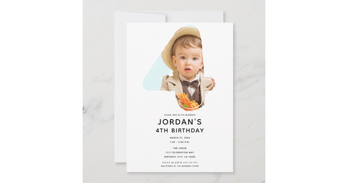 Big Number 4 FOUR Photo Fourth 4th Birthday Party Invitation | Zazzle