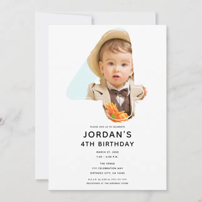 Big Number 4 FOUR Photo Fourth 4th Birthday Party Invitation | Zazzle
