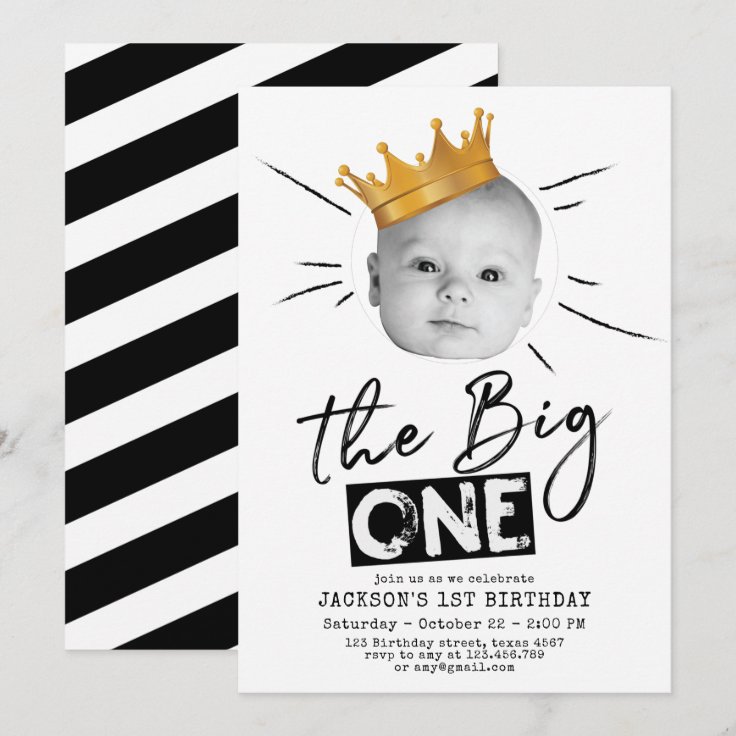 Big One First Birthday Modern Photo Black White Invitation | Zazzle