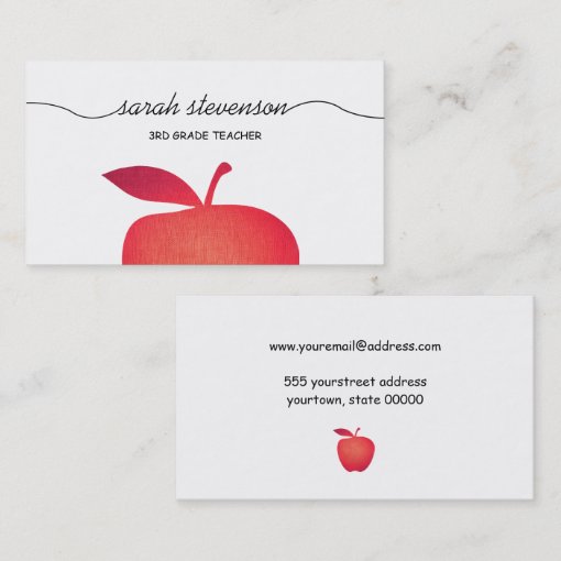 Big Red Apple School Teacher White Business Card | Zazzle