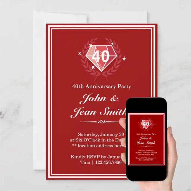Big Red Ruby Gems 40th Anniversary Party Invites | Zazzle
