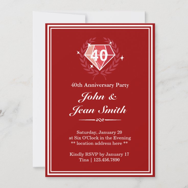 Big Red Ruby Gems 40th Anniversary Party Invites | Zazzle