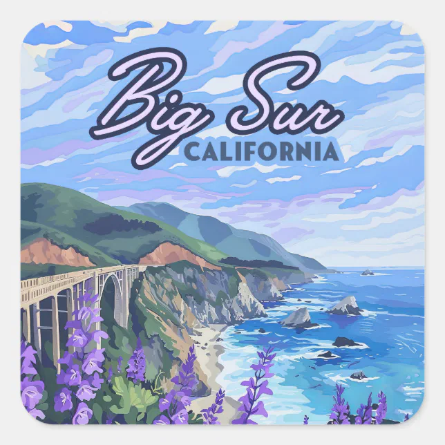 Big Sur California Coastline Retro West Coast Square Sticker | Zazzle