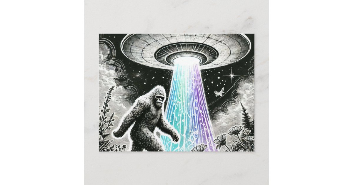 Bigfoot and a UFO in the Forest Postcard | Zazzle