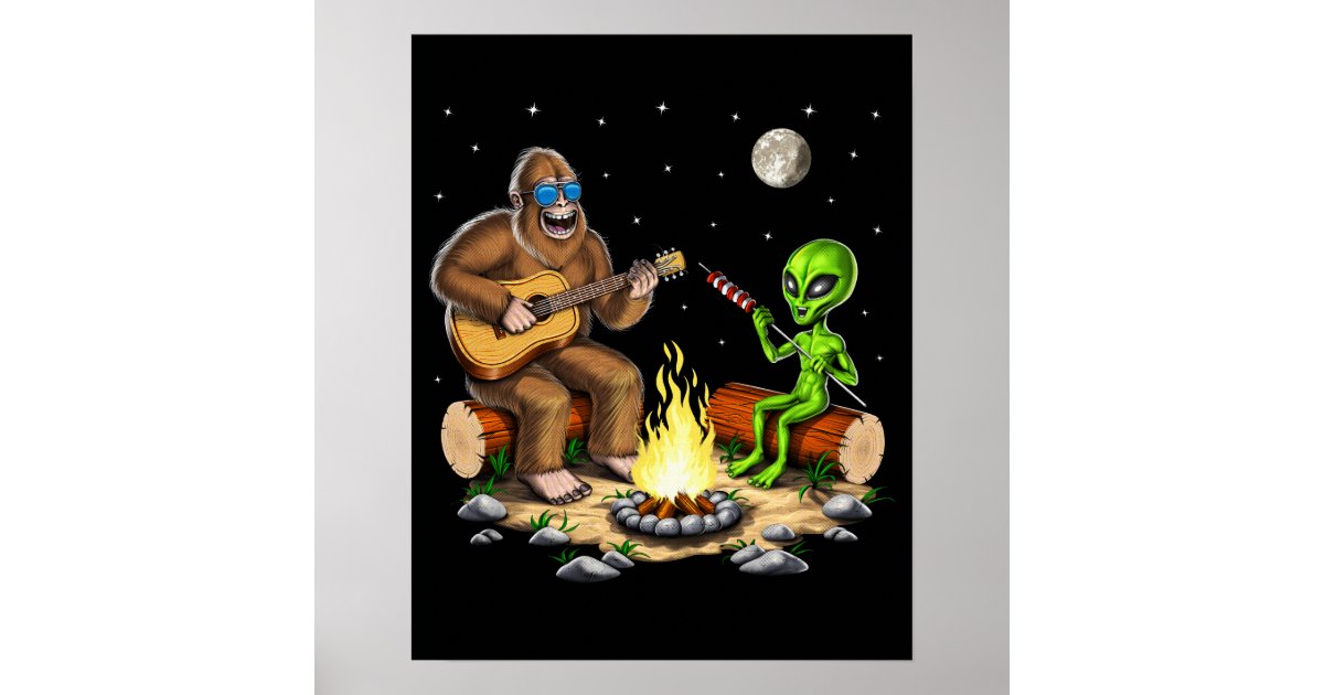 Bigfoot and Alien Camping Poster | Zazzle