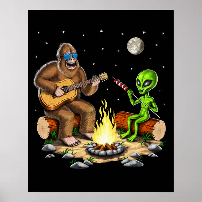 Bigfoot and Alien Camping Poster | Zazzle