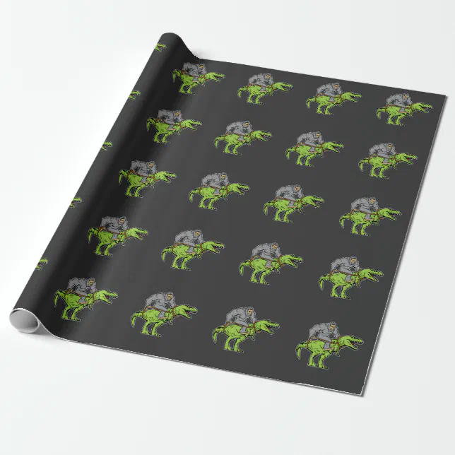 Bigfoot Sasquatch Riding Dinosaur T rex Wrapping Paper | Zazzle