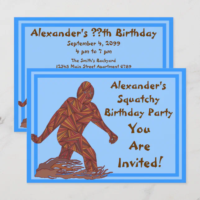 Bigfoot Walking Sasquatch Blue Birthday Party Invitation | Zazzle