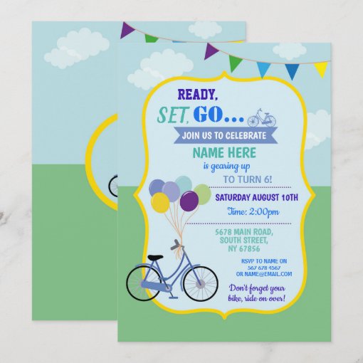 Bike Birthday Bicycle Ride Balloons Party Blue Invitation | Zazzle