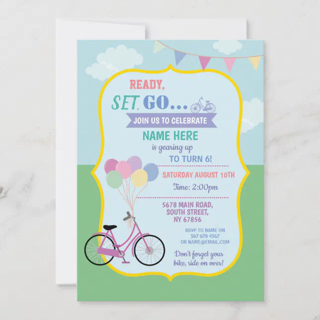 Bike Birthday Bicycle Ride Balloons Party Pink Invitation | Zazzle