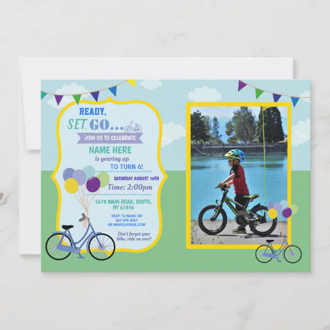 Bike Birthday Bicycle Ride Party Blue Boys Photo Invitation | Zazzle
