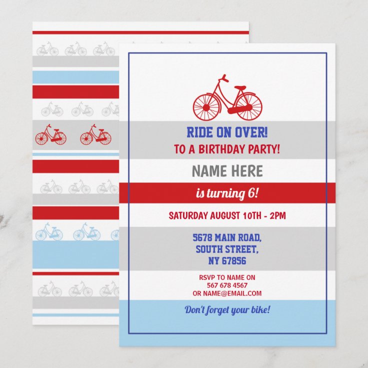 Bike Birthday Bicycle Ride Party Blue Red Boys Invitation | Zazzle