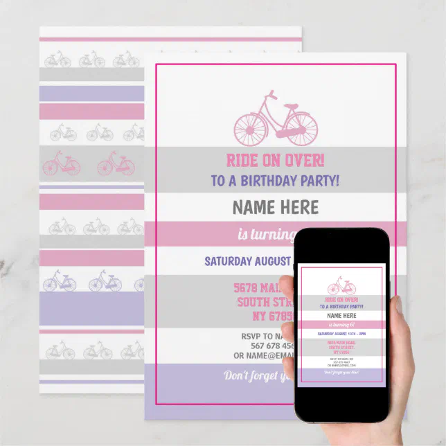 Bike Birthday Bicycle Ride Party Pink Girls Invitation | Zazzle