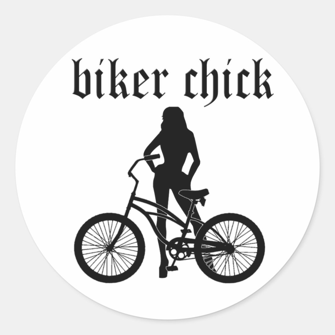 "Biker chick" female silhouette with bicycle! Classic Round Sticker ...